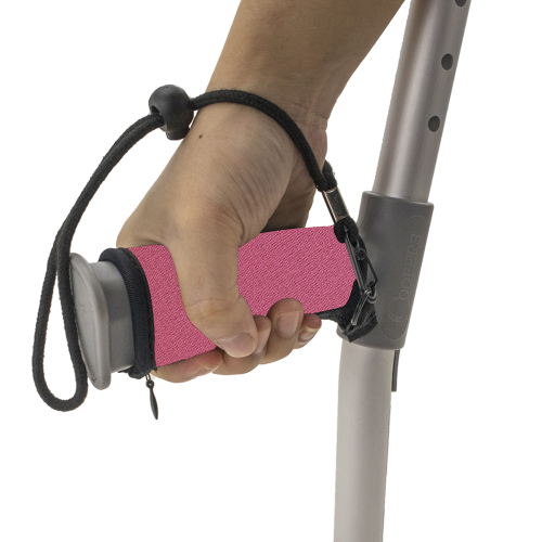 Soft Neoprene Crutch Grip Handle Covers With Wrist Strap - Pink