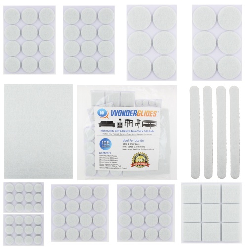 Assorted Pack Of 106 x White Furniture Self Adhesive Felt Pads